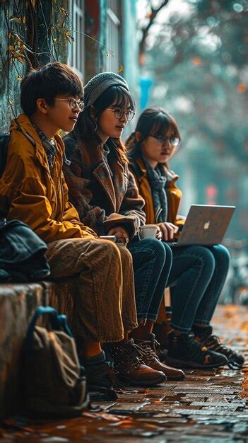 Premium Photo A Group Of People Sitting On A Bench With A Laptop