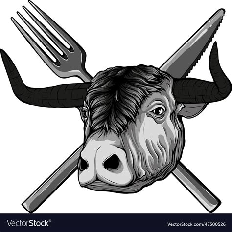 Monochromatic Cow Head With Cutlery On White Vector Image