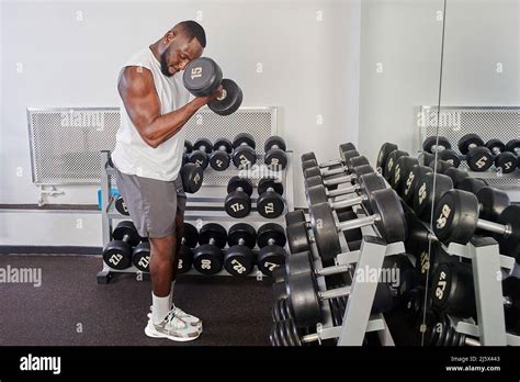 An African American Man Shakes His Biceps With Dumbbells While Standing