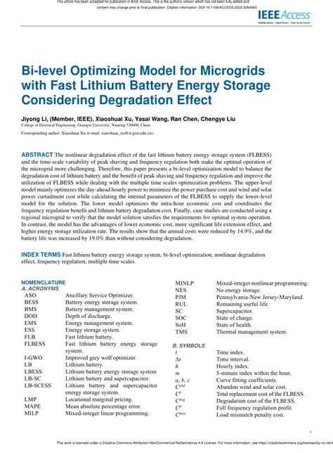Pdf Bi Level Optimizing Model For Microgrids With Fast Lithium