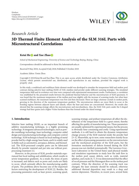 Pdf 3d Thermal Finite Element Analysis Of The Slm 316l Parts With