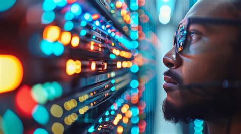 Closeup Of An It Specialist Looking At Illuminated Data Servers