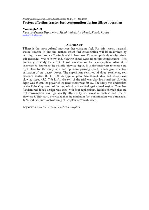 Pdf Factors Affecting Tractor Fuel Consumption During Tillage Operation