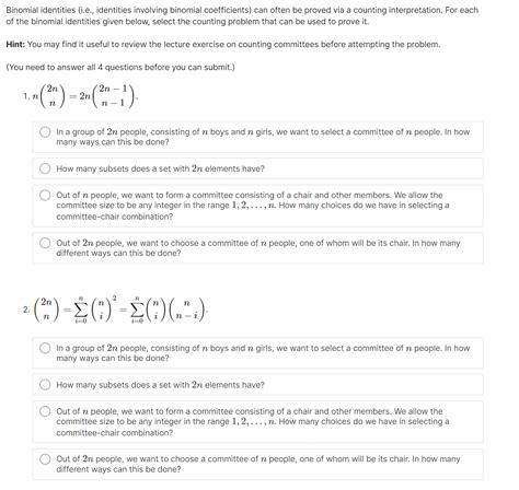 Solved Binomial Identities Ie Identities Involving Binomial