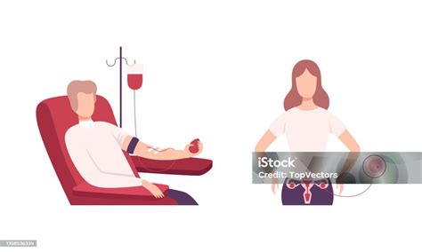 수혈 벡터 세트에 대한 장기 및 혈액 기증에 종사하는 남자와 여자 캐릭터 난자에 대한 스톡 벡터 아트 및 기타 이미지 난자