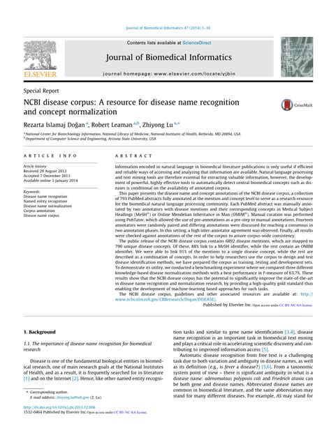 Pdf Ncbi Disease Corpus A Resource For Disease Name Recognition And