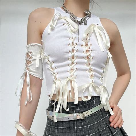 Sleeveless Round Neck Lace Up Hollow Out Ribbed Crop Top Fairycore Eth