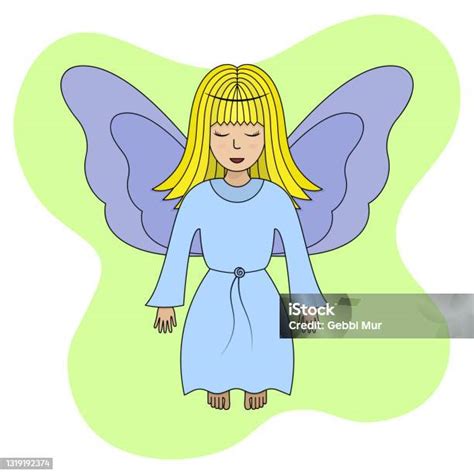 날개를 가진 천사 컬러 벡터 그림입니다 금발 소녀 요정 여인은 눈을 감고 있다 작은 마법사가 날고 있습니다 격리된 녹색