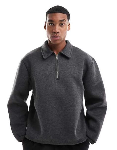 Asos Design Sweat Oversize En Néoprène à Col Zippé Anthracite Chiné