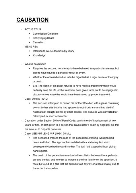 Causation Summaries From Lecture Notes Causation Actus Reus Commissionomission Bodily