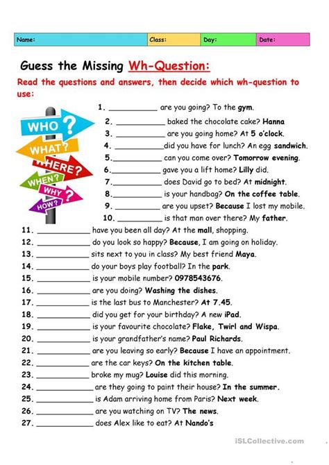 Guess The Missing Wh Question English ESL Worksheets For Distance