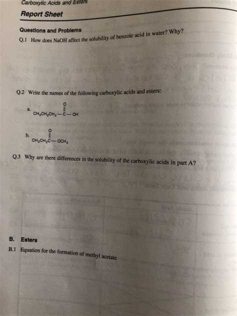 Solved Carboxylic Acids And Esters Report Sheet Questions Chegg
