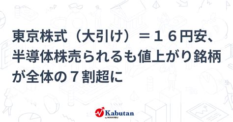 東京株式（大引け）＝16円安、半導体株売られるも値上がり銘柄が全体の7割超に 市況 株探ニュース