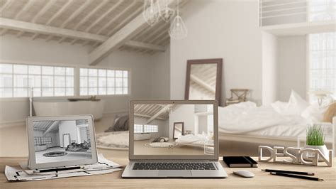 인테리어 디자인 프로젝트 및 Cad 스케치 배경 로프트 침실 욕실에에서 흐리게 초안 보여주는 화면 디자이너 데스크톱 개념 노트북