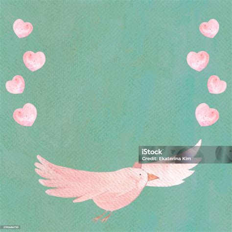 귀여운 새 분홍색 하트 사이를 날아 다니는 소리 청록색에 손으로 그린 수채화 프레임 만화 스타일의 고품질 핑크 클립 아트는 어린이 제품 패키지 세인트 발렌타인 카드 문구류에