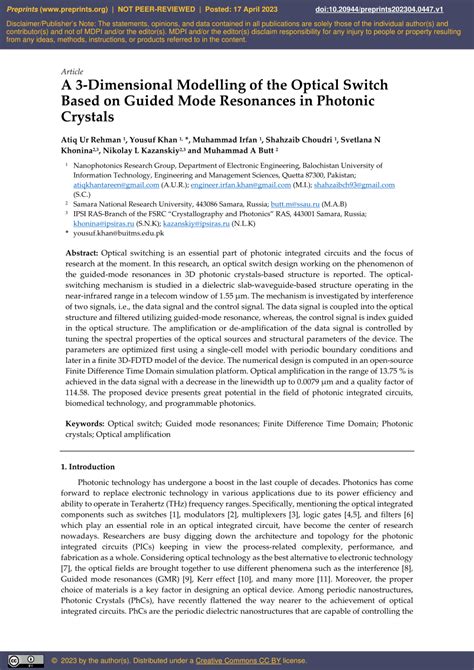 Pdf A 3 Dimensional Modelling Of The Optical Switch Based On Guided Mode Resonances In