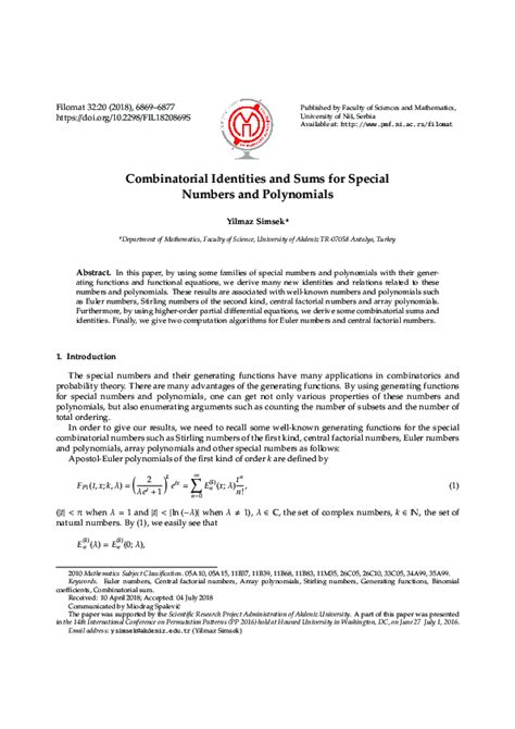 Pdf Combinatorial Identities And Sums For Special Numbers And Polynomials