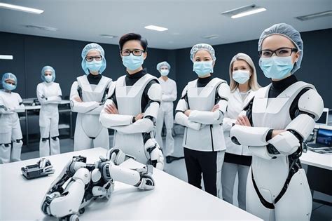 Un Grupo De Colegas De Pie En Un Laboratorio De Robótica Con Los Brazos