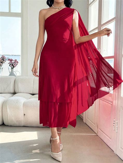 Shein Modely Womens Elegant Solid Color Asymmetric Collar Mid Length