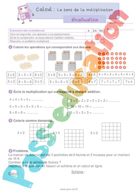Le sens de la multiplication Évaluation de calcul pour le ce2 Cycle