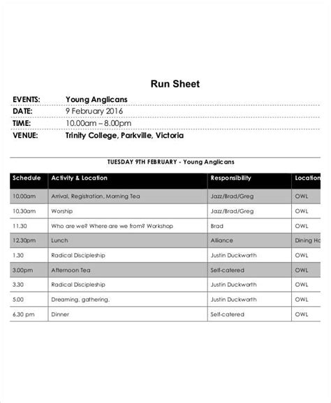 Run Sheet Template 11 Free Sample Example Format