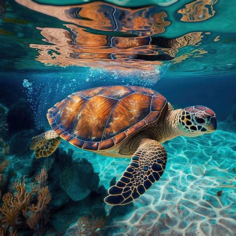 Sea Turtle In Crystal Clear Water Amazing Crystalline Seabed Reef