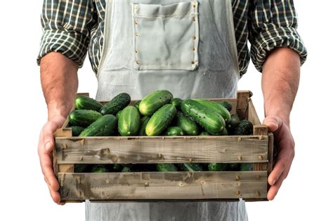 Premium Photo Farmers Hands Hold Box With Cucumbers On A White Or