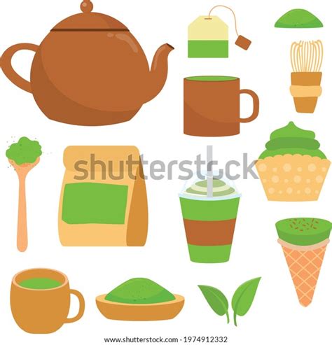 Cute Set Green Tea Matcha Clipart Stock Vector Royalty Free