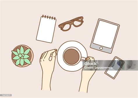 벡터 그림 커피를 마시는 여자 티 커피 브레이크 컵 머그잔 카페에서 테이블의 상단 보기 컴퓨터에 대한 스톡 벡터 아트 및 기타