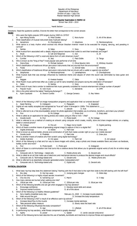 Gr10 Test Republic Of The Philippines Department Of Education