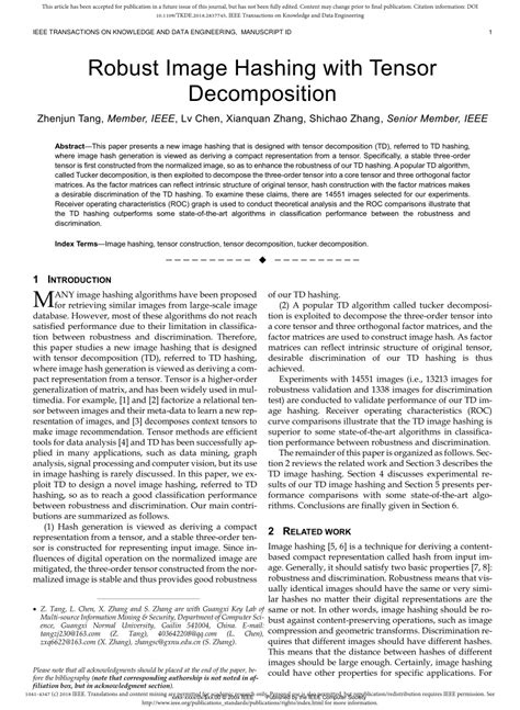 Pdf Robust Image Hashing With Tensor Decomposition
