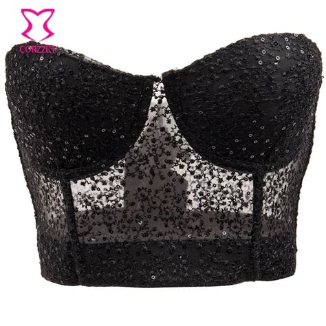Corzzet Black Lacesequind Mesh Push Up Bralet Womens Corset Bustier