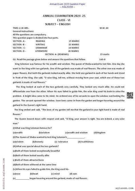 Class 6 English Question Paper 2025 Pdf Download 6th Std Annual