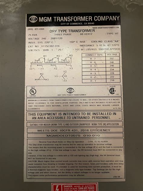 Mgm Dry Transformer 75kva 3ph 240208120v 60hz Ht75c3b2 D16