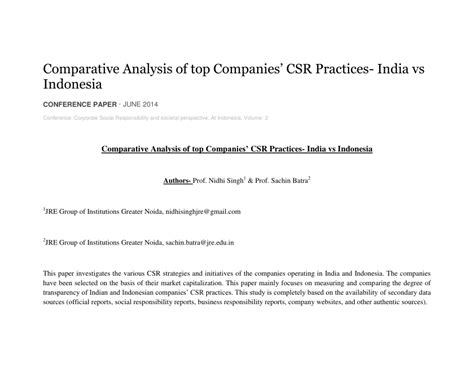 Pdf Comparative Analysis Of Top Companies Csr Practices India Vs