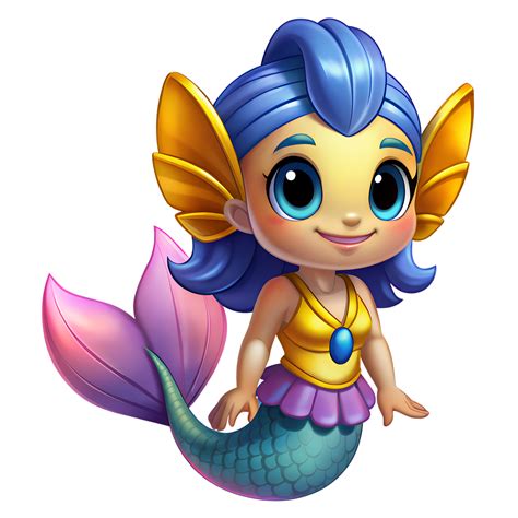 Cute Cartoon Mermaid With Blue Hair Yellow Fins And Pink Tail