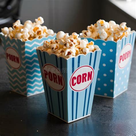 Colorful Popcorn Containers Filled With Golden Brown Popcorn On A Dark