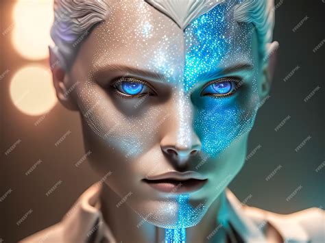의인화 된 사이보그 로봇의 머리 인공 지능의 Ai 초상화 인공 지능 휴머노이드 사이버 소녀 시네마틱 라이트 미래 배경 프리미엄 사진