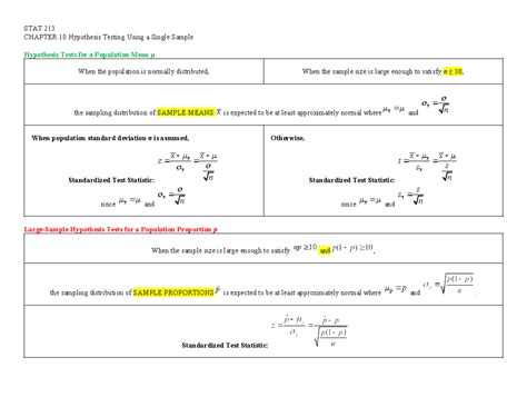 Stat 213 Ch 10 Hypothesis Testing Single Sample Mean And Proportion