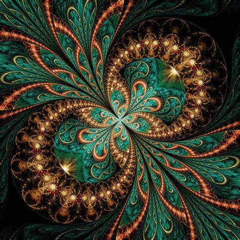Symmetrical Gold Green Fractal Flower Digital Artwork For Graphic