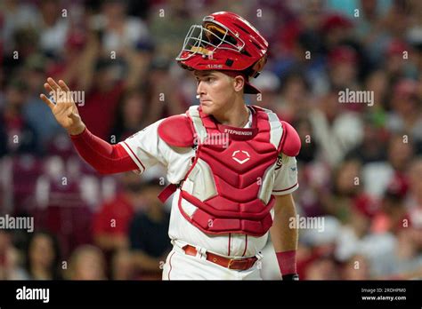 Cincinnati Reds Catcher Tyler Stephenson Gestures During A Baseball