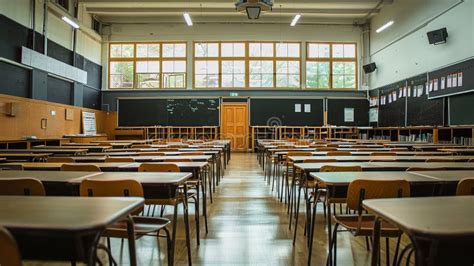 A Large Well Lit Classroom Featuring Rows Of Desks Wooden Furniture Blackboards And Large