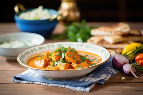 Paneer Butter Masala Served With Naan Side View On Rustic Table Stock