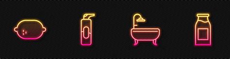 세트 라인 욕조 레몬 스프레이 수 분무 및 우유와 병 빛나는 네온 아이콘 벡터 0명에 대한 스톡 벡터 아트 및 기타 이미지 0명 감귤류 과일 건강한 생활방식 Istock