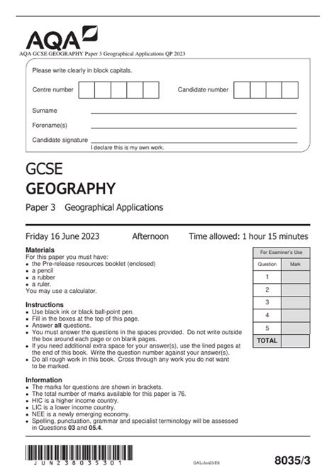 AQA GCSE GEOGRAPHY Paper 3 Geographical Applications QP 2023 AQA