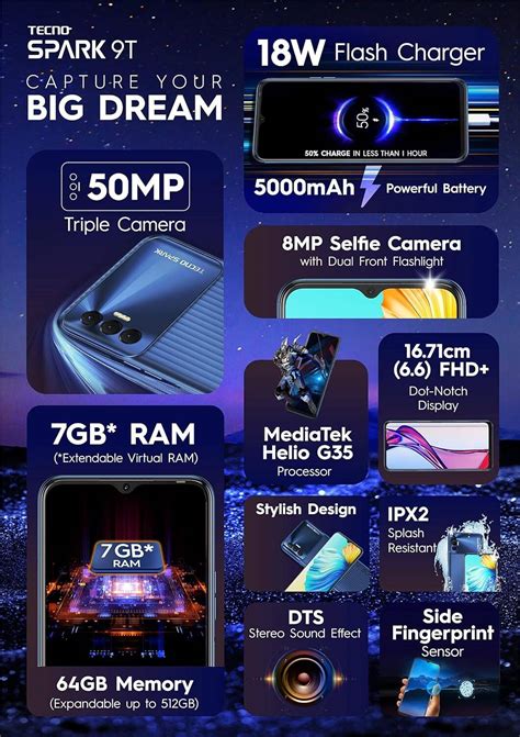 Tecno Spark 9t Atlantic Blue 4gb Ram 64gb Storage 50mp Supernight