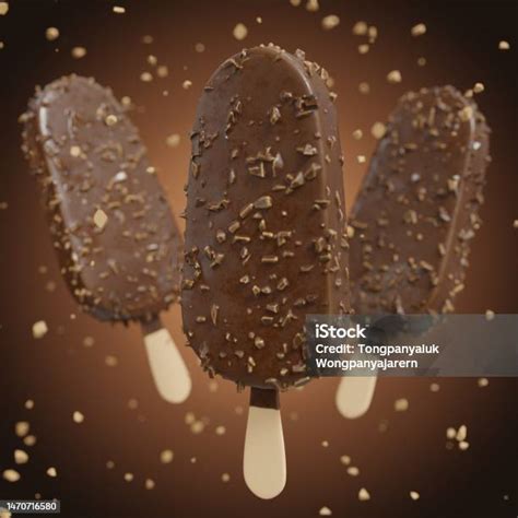 흰색 배경에 격리된 초콜릿과 바삭바삭한 아몬드로 덮인 바닐라 아이스크림 스틱 바 세트 3d 렌더링 그림 3차원 형태에 대한 스톡 사진 및 기타 이미지 Istock