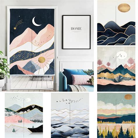 일본 노렌 문 커튼 추상 산 그림 북유럽 스타일 두꺼운 린넨 주방 레스토랑 숍 장식 걸이식 커튼커튼 Aliexpress