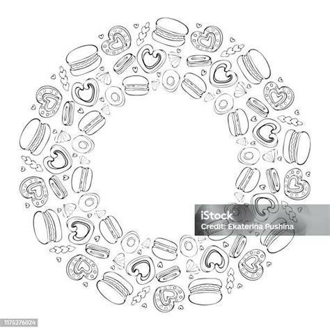 벡터에서 과자 쿠키 도넛 마시멜로 마카롱의 둥근 배너 흰색 배경에 고립 된 달콤한 페이스트리와 페이스트리의 프레임 빈티지 스타일로 그려진 손으로 흑백 선 귀여운에 대한 스톡