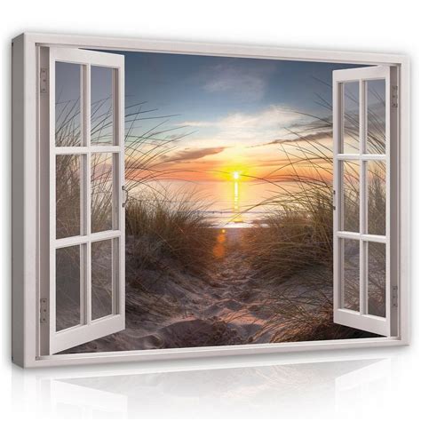 Wallarena Leinwandbild Fensterblick Strand Meer Fenster Wandbild Groß